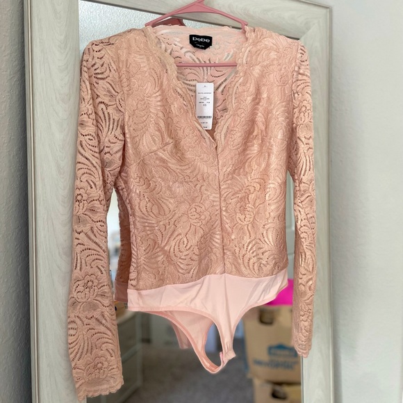 bebe | Tops | Nwt Bebe Pink Gold Shimmer Lace Bodysuit | Poshmark